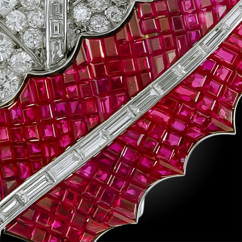 Diamond and Ruby Leaf Brooch For Sale at 1stDibs