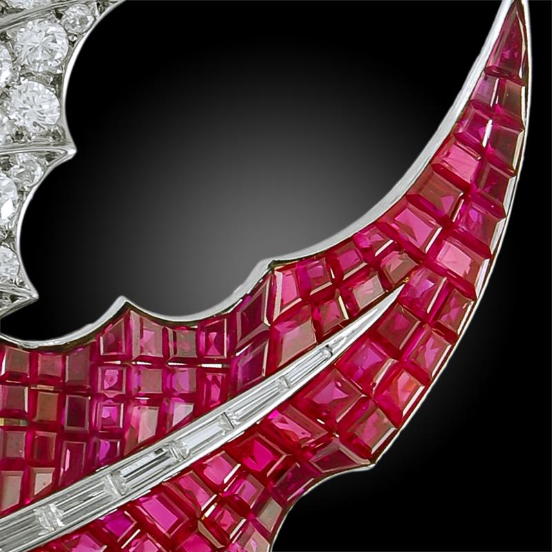 Diamond and Ruby Leaf Brooch For Sale at 1stDibs