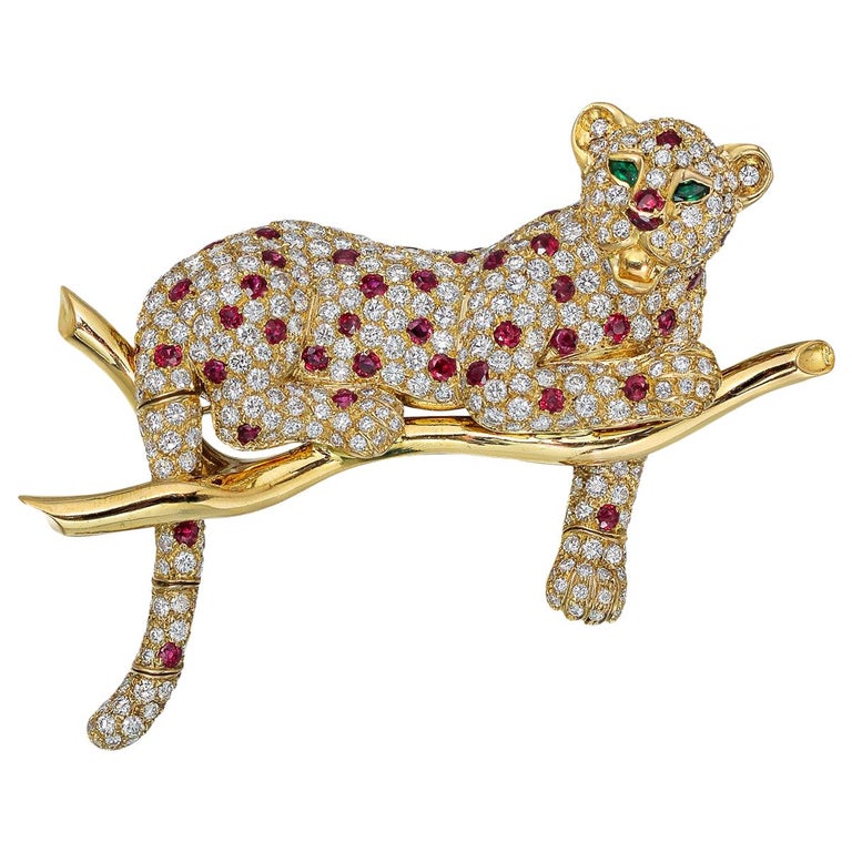 Diamond and Ruby Leopard Brooch at 1stDibs