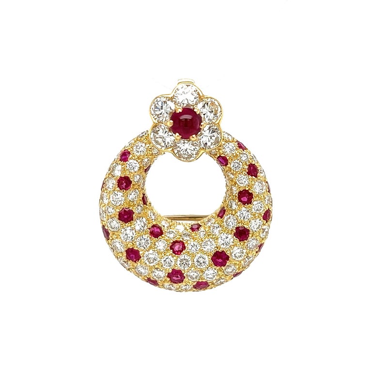 Diamond and Ruby Open Circle Gold Brooch Pin Pendant Estate Fine ...
