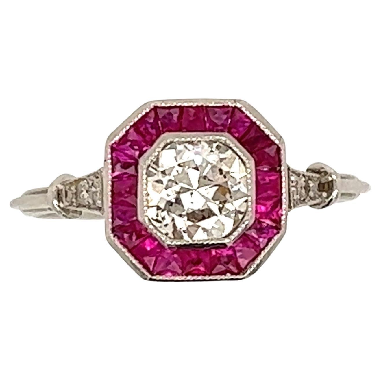 Art Deco Ruby Diamond Platinum Ring For Sale at 1stDibs