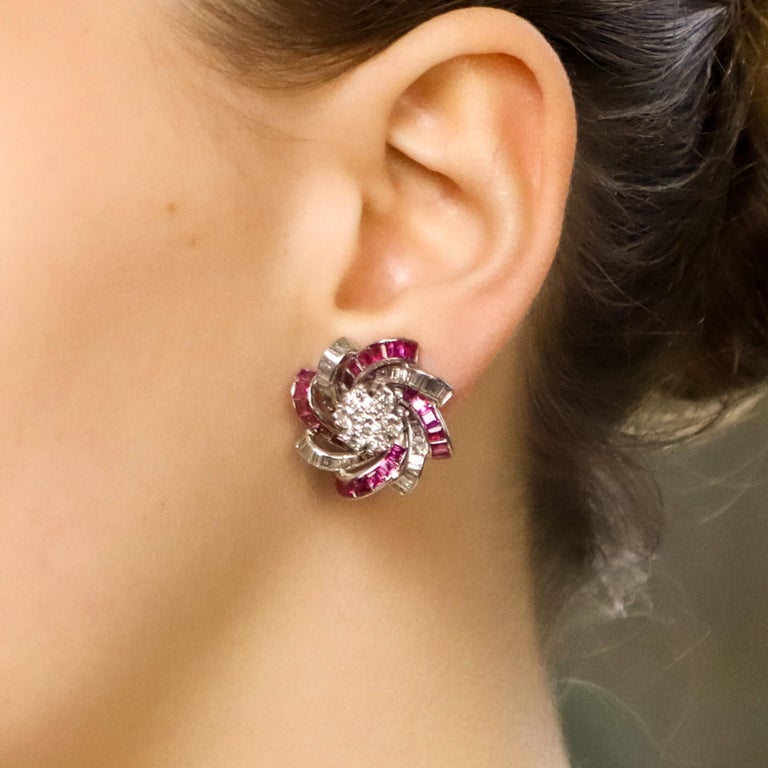 Diamond and Ruby Swirl Candy Clip-On Earrings in 14 Karat White Gold at ...