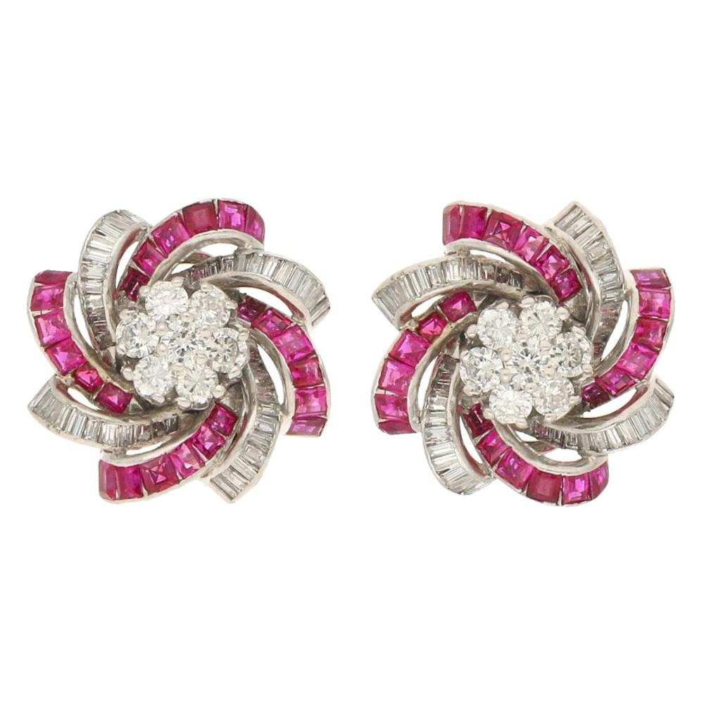 Diamond and Ruby Swirl Candy Clip-On Earrings in 14 Karat White Gold at ...