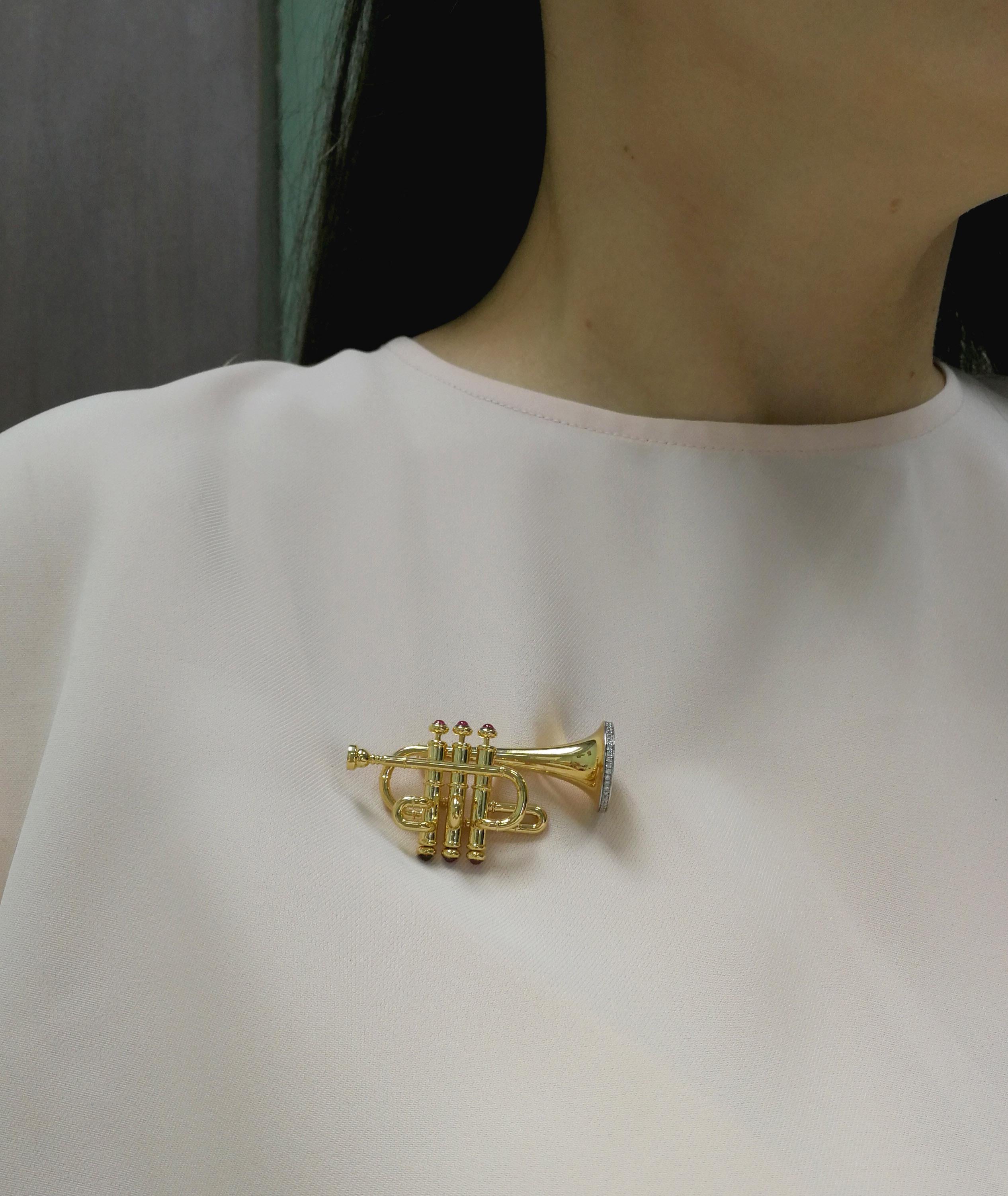 Diamond and Ruby Trumpet 18 Karat Yellow Gold Brooch For Sale at ...