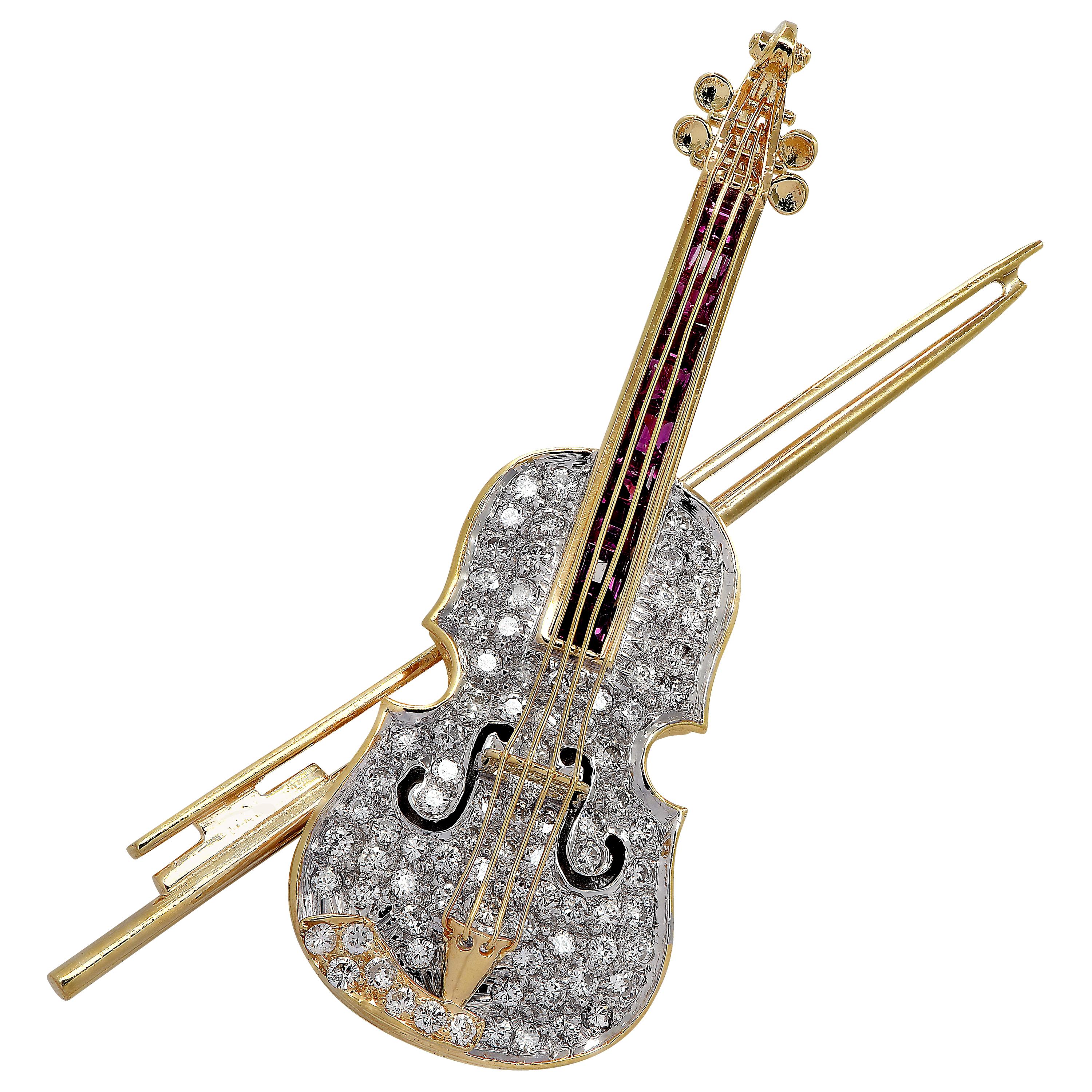 Diamond and Ruby Violin Brooch Pin at 1stDibs | diamond violin