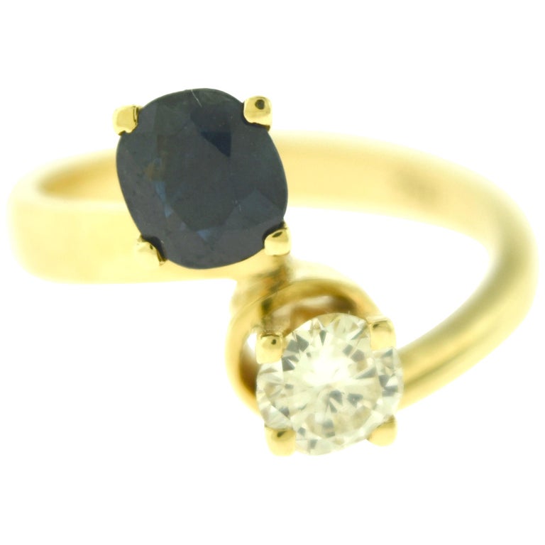 Diamond and Sapphire 18 Karat Yellow Gold Double Solitaire Ring For ...