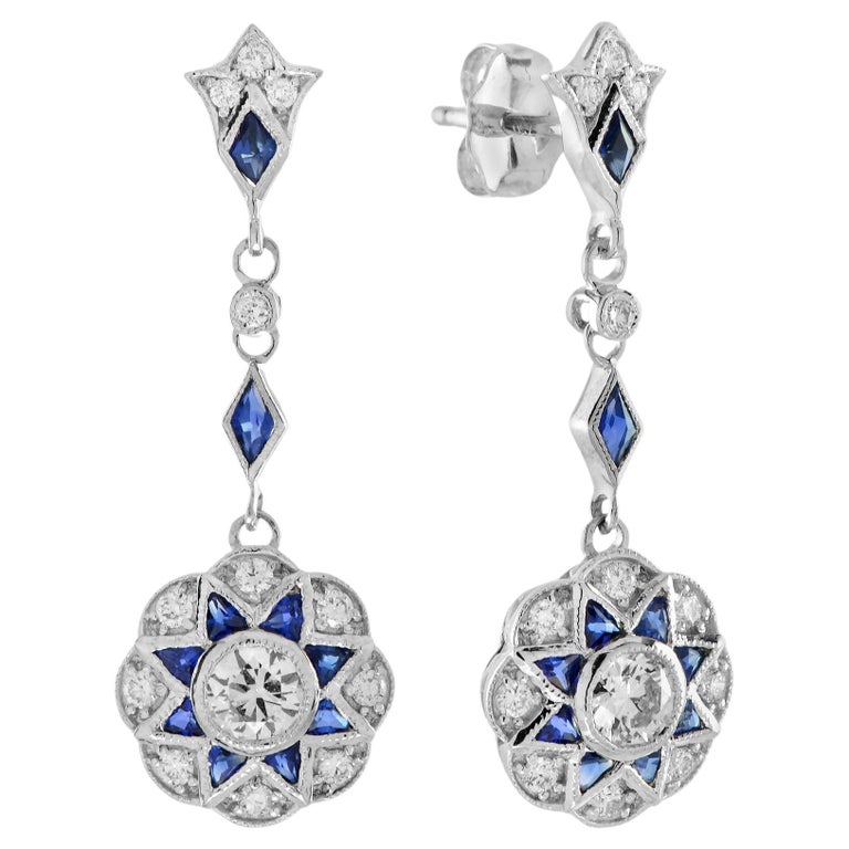 Diamond and Sapphire Art Deco Style Floral Dangle Earrings in 18k White ...