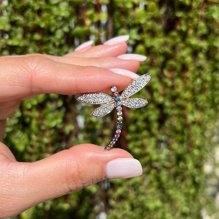 Diamond and Sapphire Dragonfly Gold Brooch Pin Estate Fine Jewelry For ...