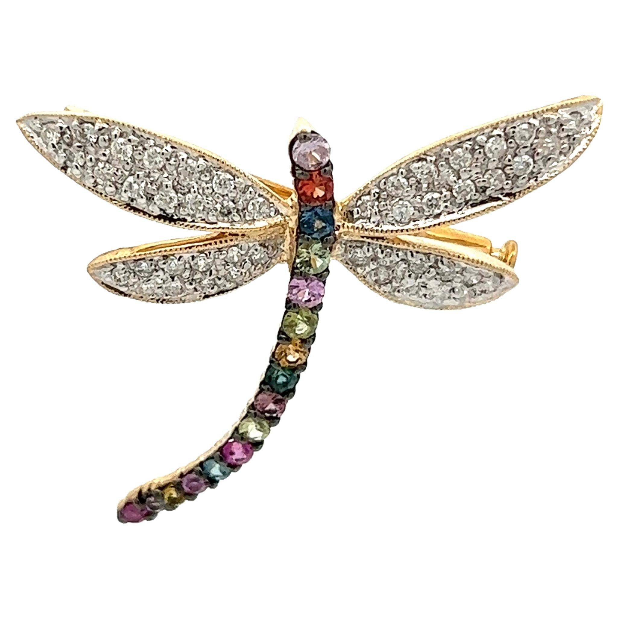 Diamond and Sapphire Dragonfly Gold Brooch Pin Estate Fine Jewelry For ...