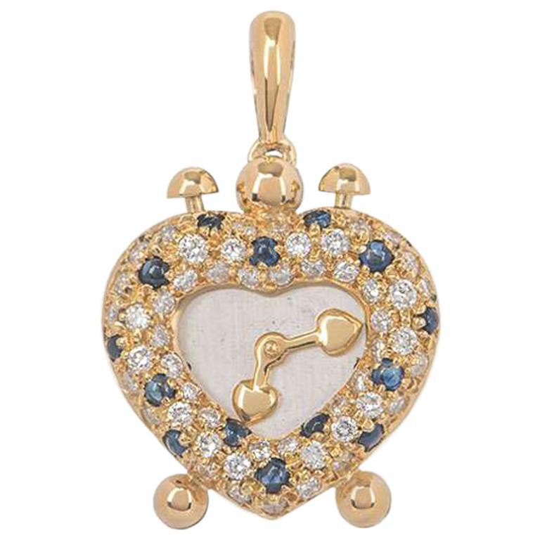 Yellow Gold Diamond and Ruby Heart Clock Pendant For Sale at 1stDibs
