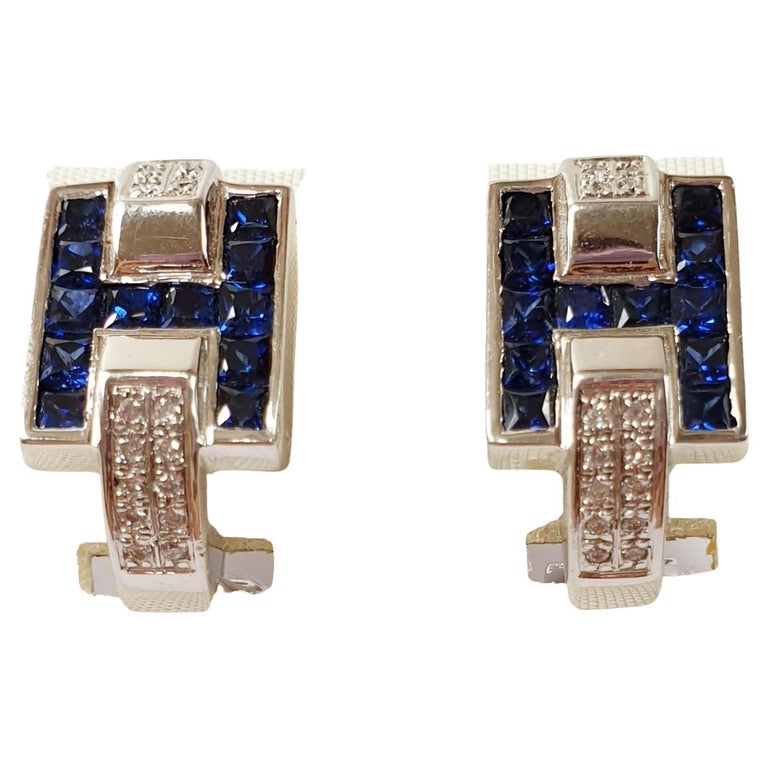 Diamond and Sapphire Hoops Earrings in 18 Karat White Gold with H ...