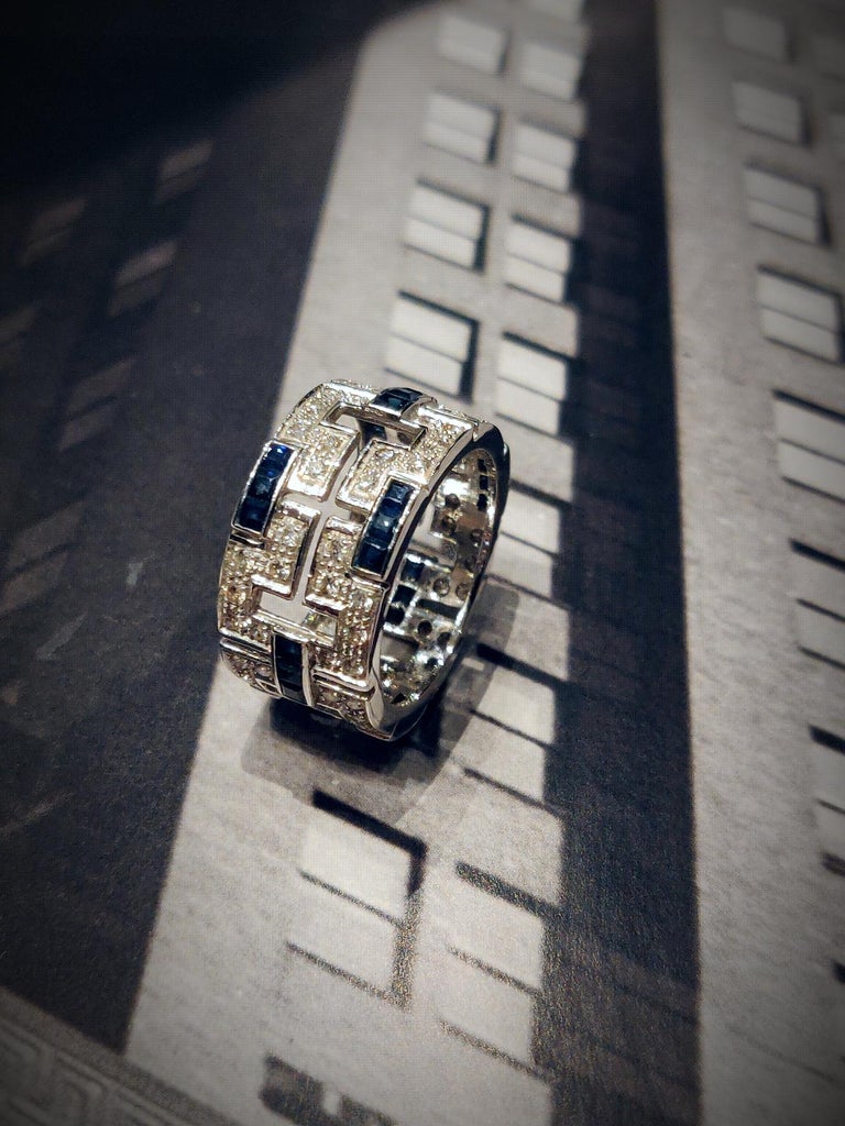 Diamond and Sapphire Meander Pattern 18 Karat White Gold Band Ring For ...