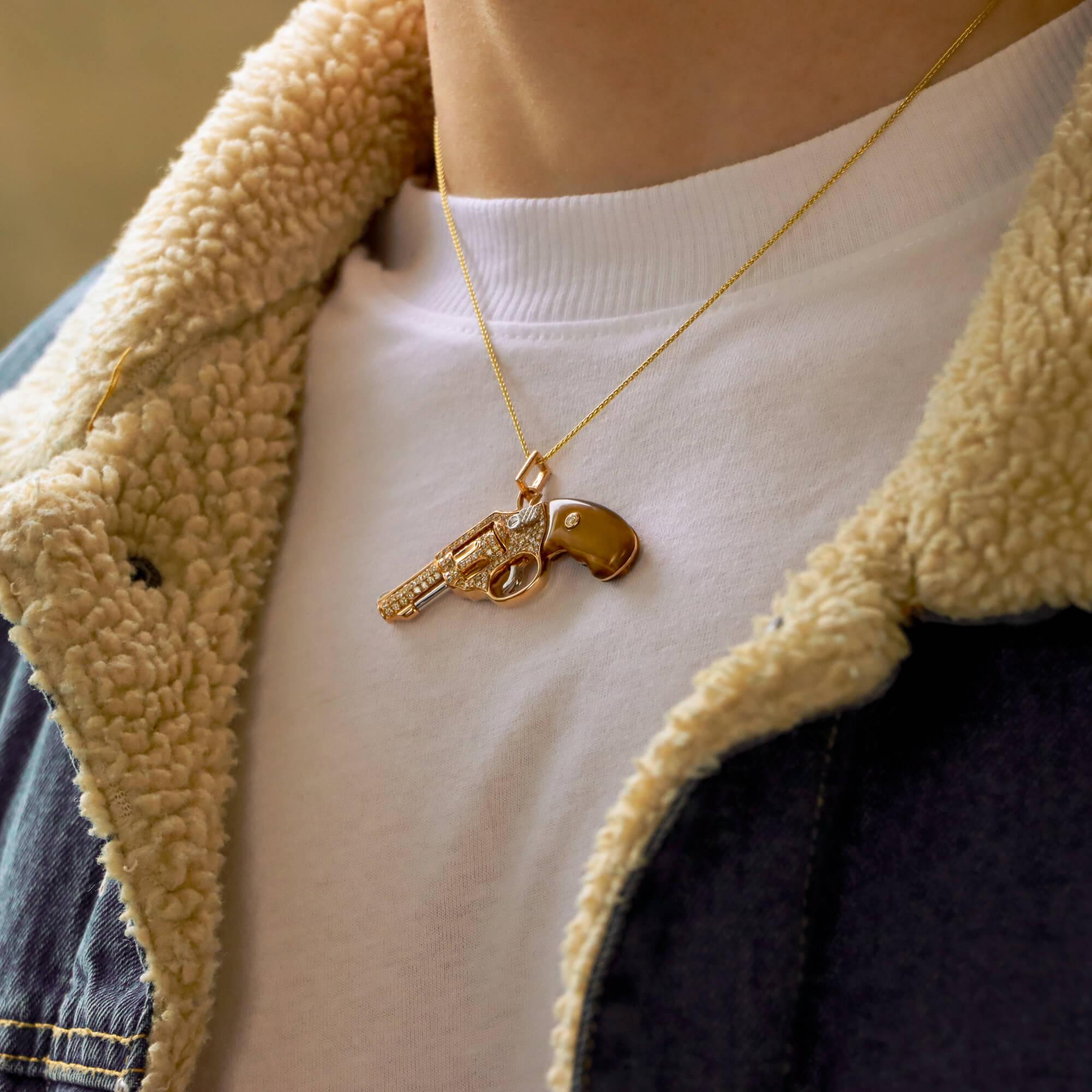 Diamond and Tigers Eye Jewelled Revolver Pendant Set in 18k Rose Gold ...