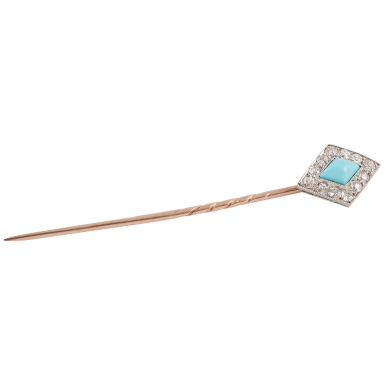 Diamond and Turquoise Tie or Lapel Pin in Platinum and Gold, English ...
