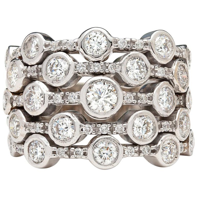 Diamond and White Gold Five-Row Stacked Ring at 1stDibs