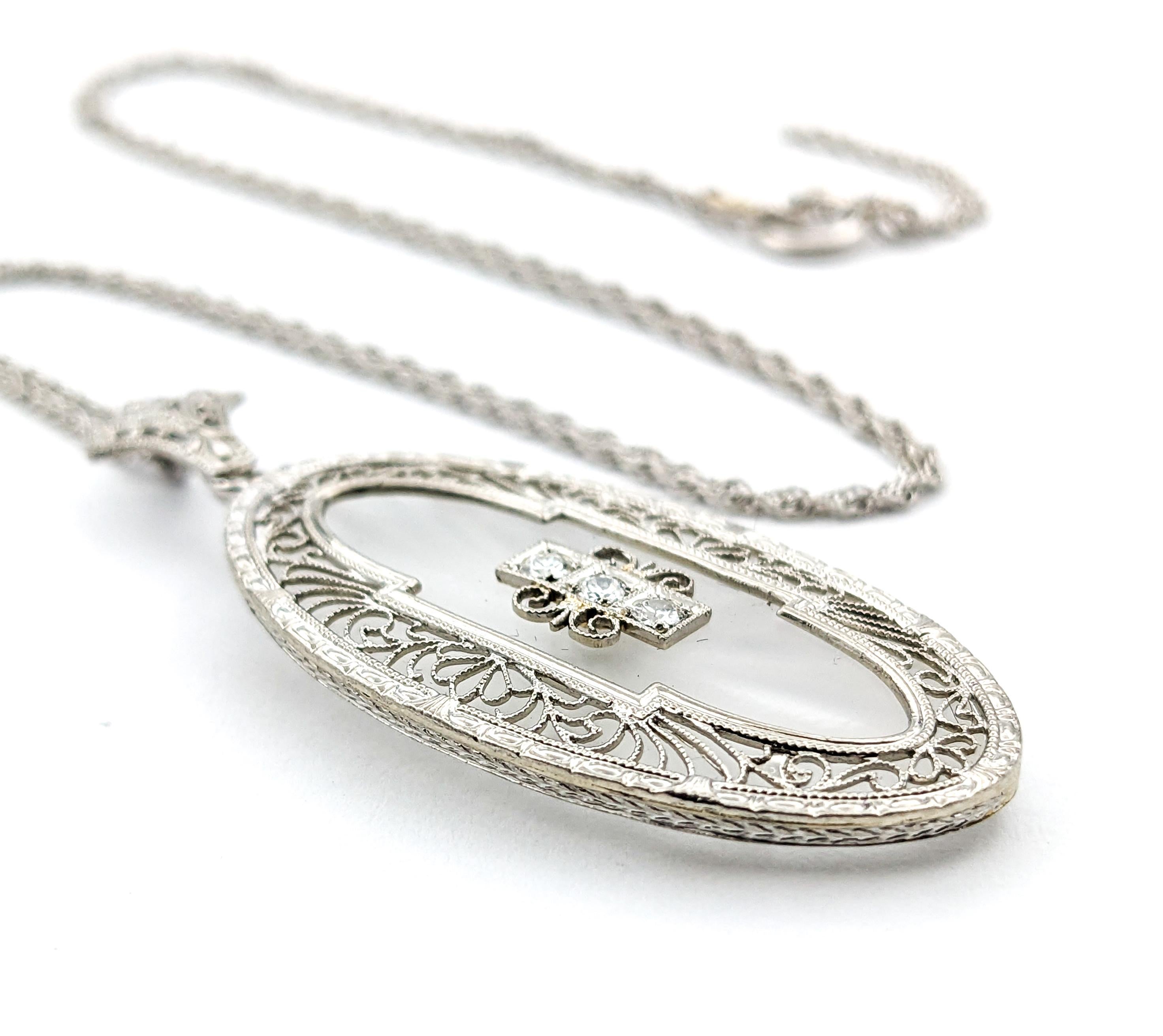 Diamond Antique Art Deco era Camphor Glass Necklace In White Gold For ...