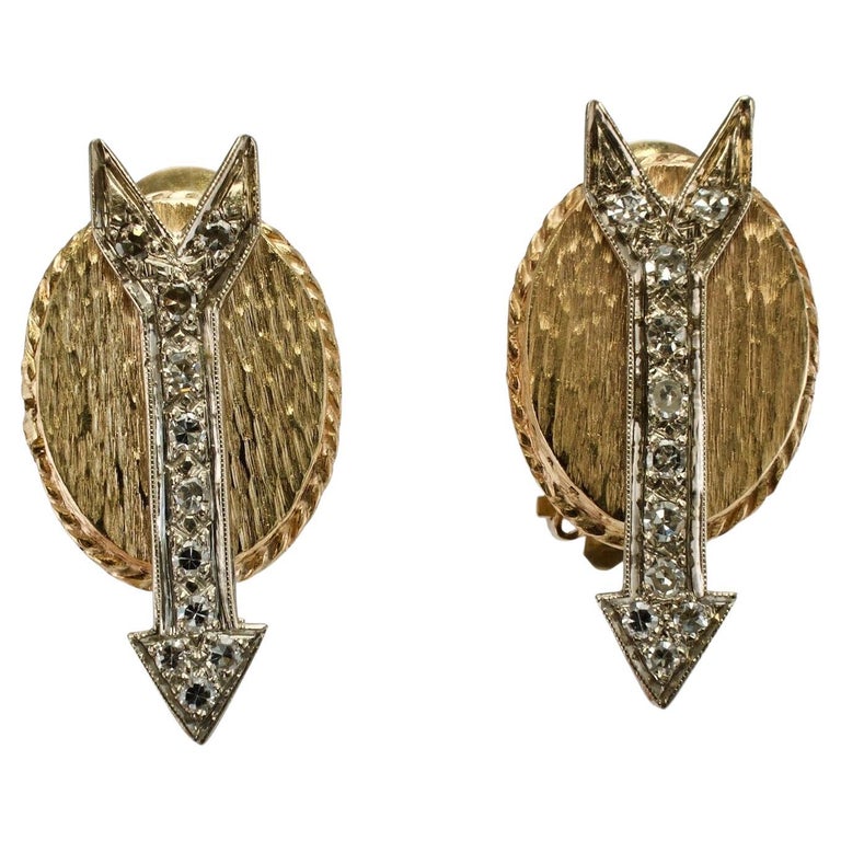 Diamond Arrow Earrings 14K Gold Geometric Vintage For Sale at 1stDibs