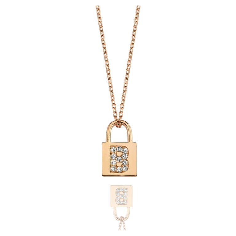 Diamond B Initial Mini Lock Charm Necklace 14K Rose Gold For Sale at ...