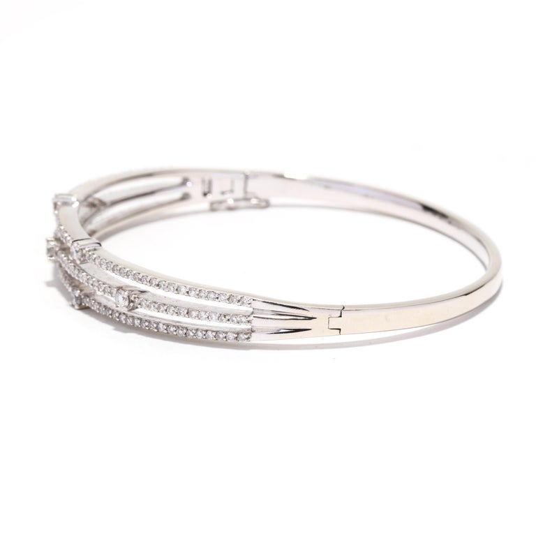 Diamond Bangle Bracelet, 14K White Gold, Three Row For Sale at 1stDibs