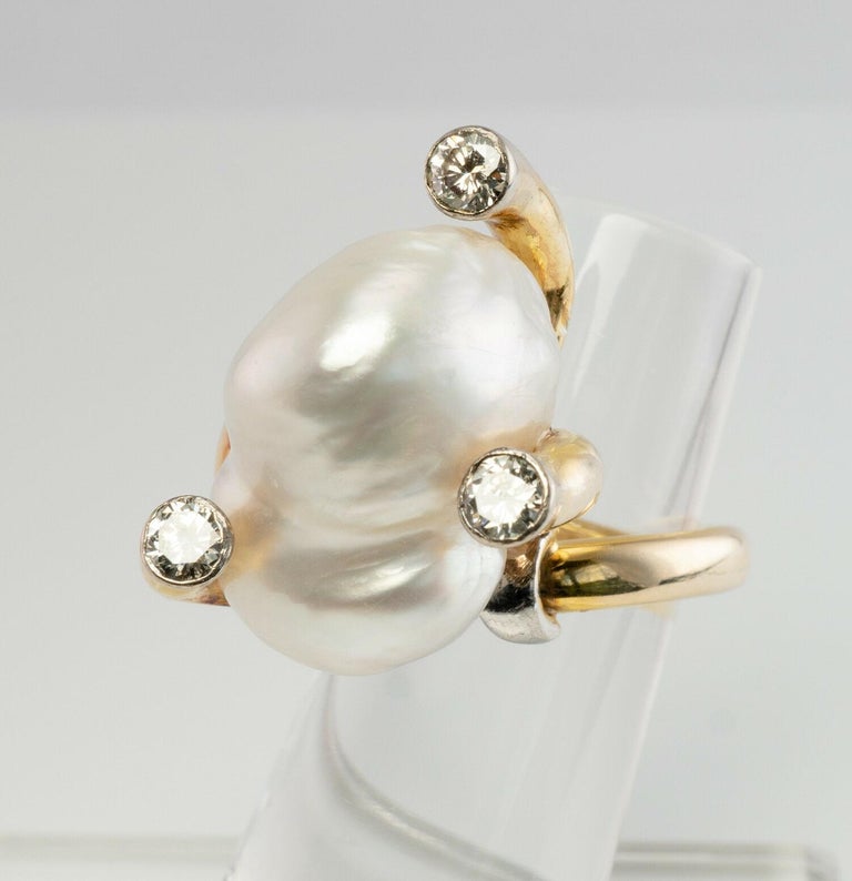 Diamond Baroque Pearl Ring 14K Gold Cocktail For Sale at 1stDibs