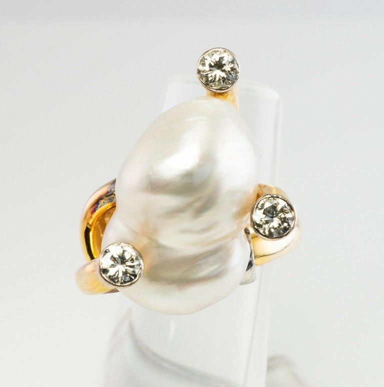 Diamond Baroque Pearl Ring 14K Gold Cocktail For Sale at 1stDibs