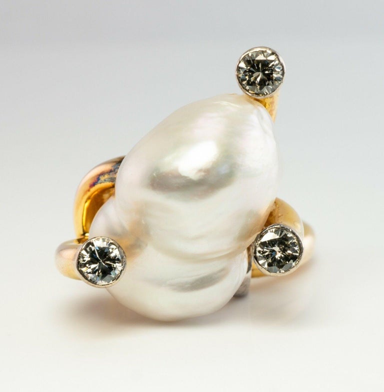 Diamond Baroque Pearl Ring 14K Gold Cocktail For Sale at 1stDibs
