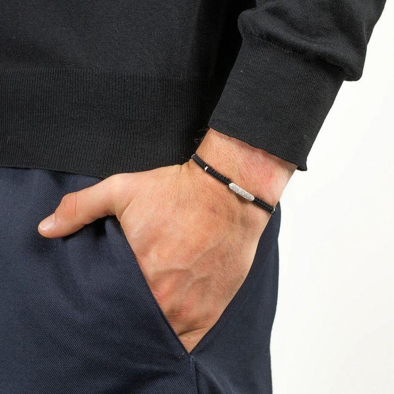 Diamond Baton Bracelet in Black Macramé and Sterling Silver, Size S For ...