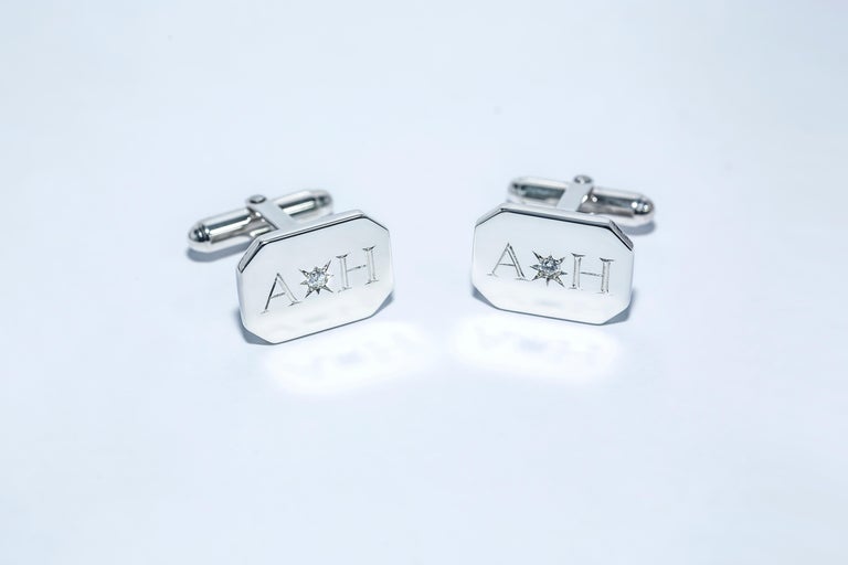 Diamond Bespoke Sterling Silver Rectangular Engraved Modern Classic Cufflinks For Sale at 1stDibs