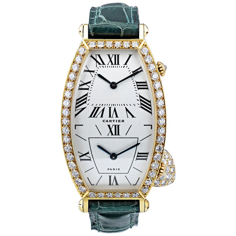 Diamond Bezel Dual Time Tonneau Wristwatch by Cartier at 1stDibs