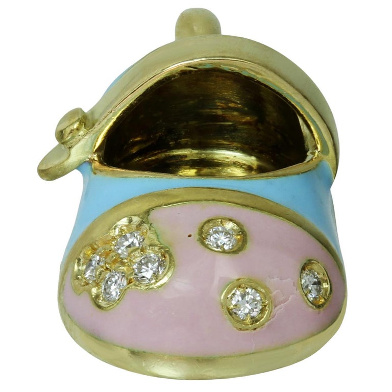 Diamond Blue Pink Enamel 18k Yellow Gold Baby Girl Shoe Pendant For ...