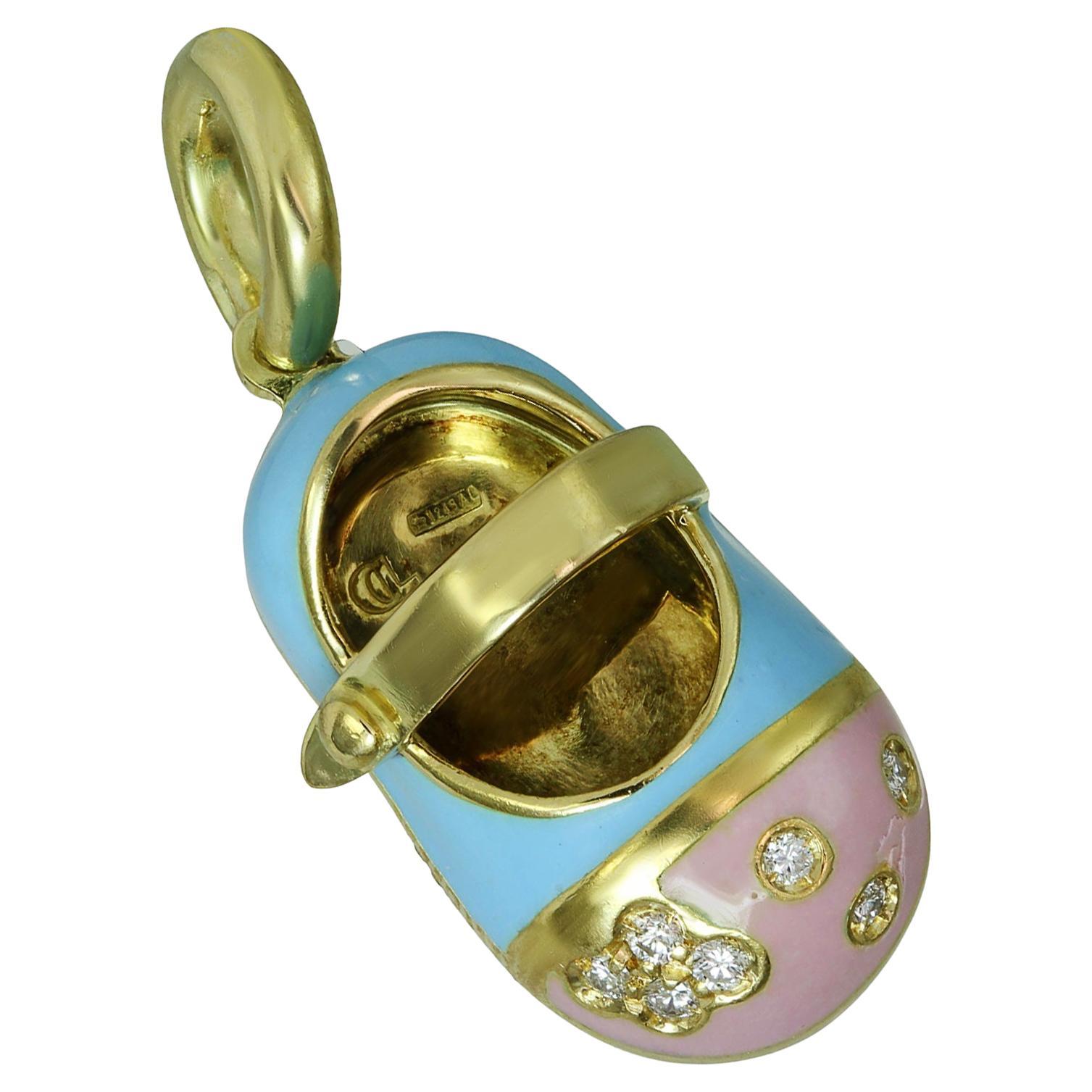Diamond Blue Pink Enamel 18k Yellow Gold Baby Girl Shoe Pendant For ...