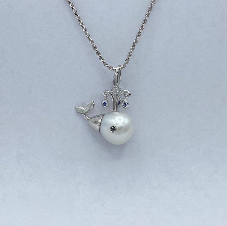 Diamond Blue Sapphire Australian Pearl 18Kt Gold Whale Pendant/Necklace ...