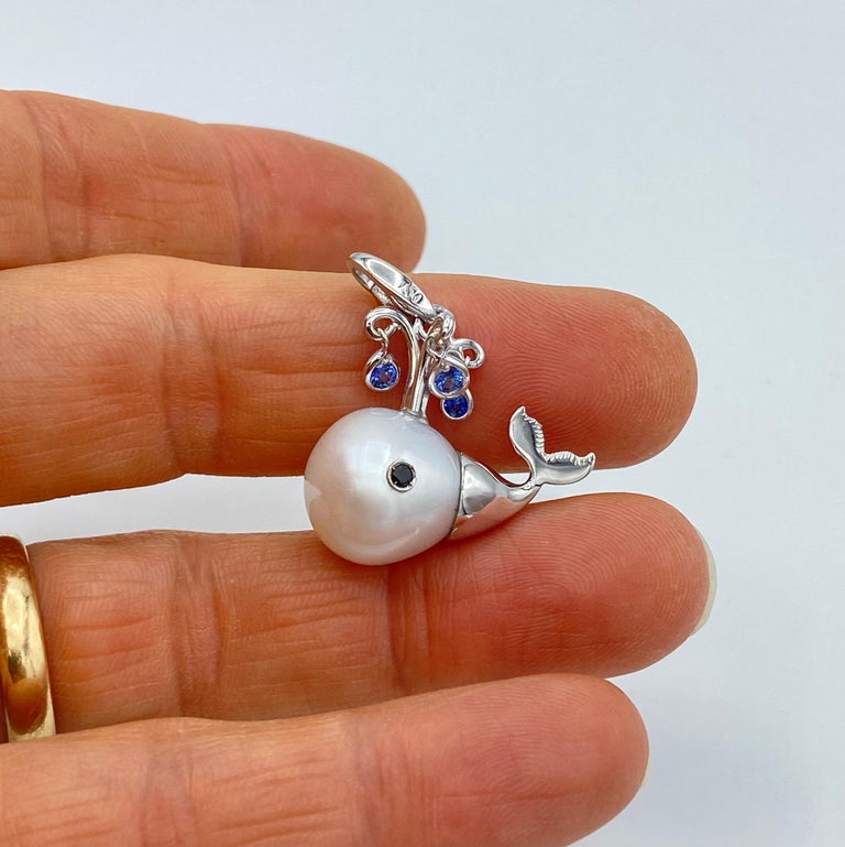 Diamond Blue Sapphire Australian Pearl 18Kt Gold Whale Pendant/Necklace ...