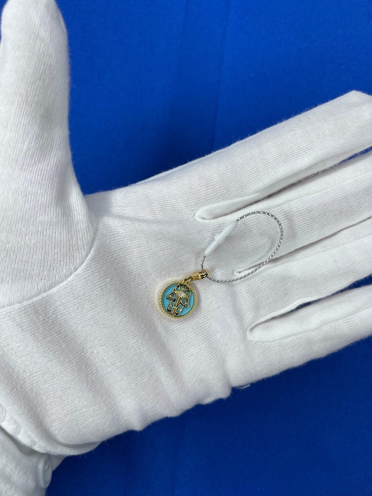 Diamond Blue Teal Turquoise Hamsa Hand Palm 18 Karat Yellow Gold ...