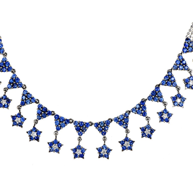 Diamond Bright Blue Sapphire 18K White Gold Stars Drop Chain Necklace ...