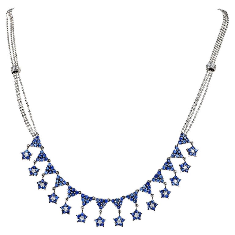 Diamond Bright Blue Sapphire 18K White Gold Stars Drop Chain Necklace ...