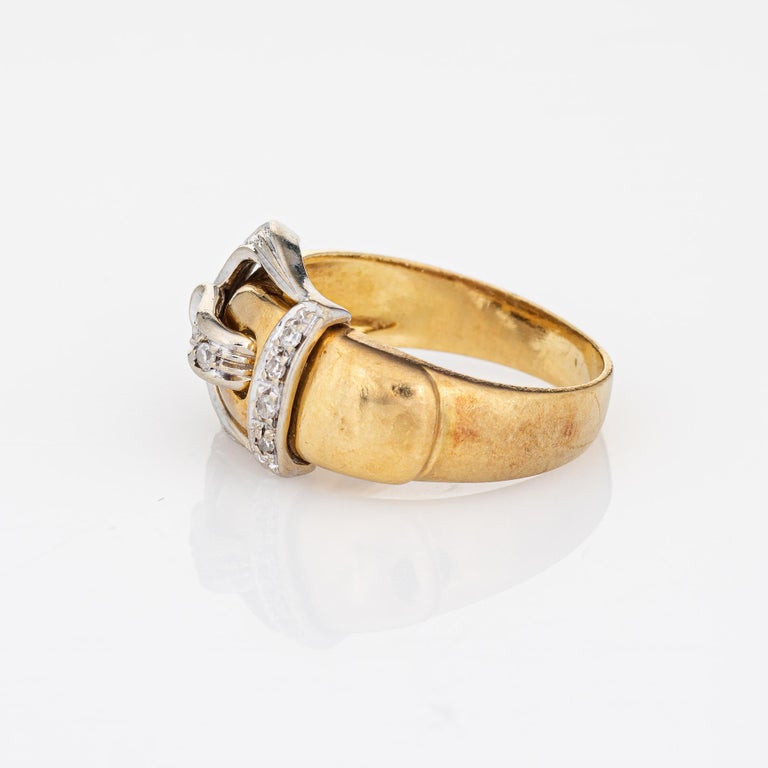 Diamond Buckle Ring Vintage 18k Yellow Gold Wide Band Estate Jewelry ...