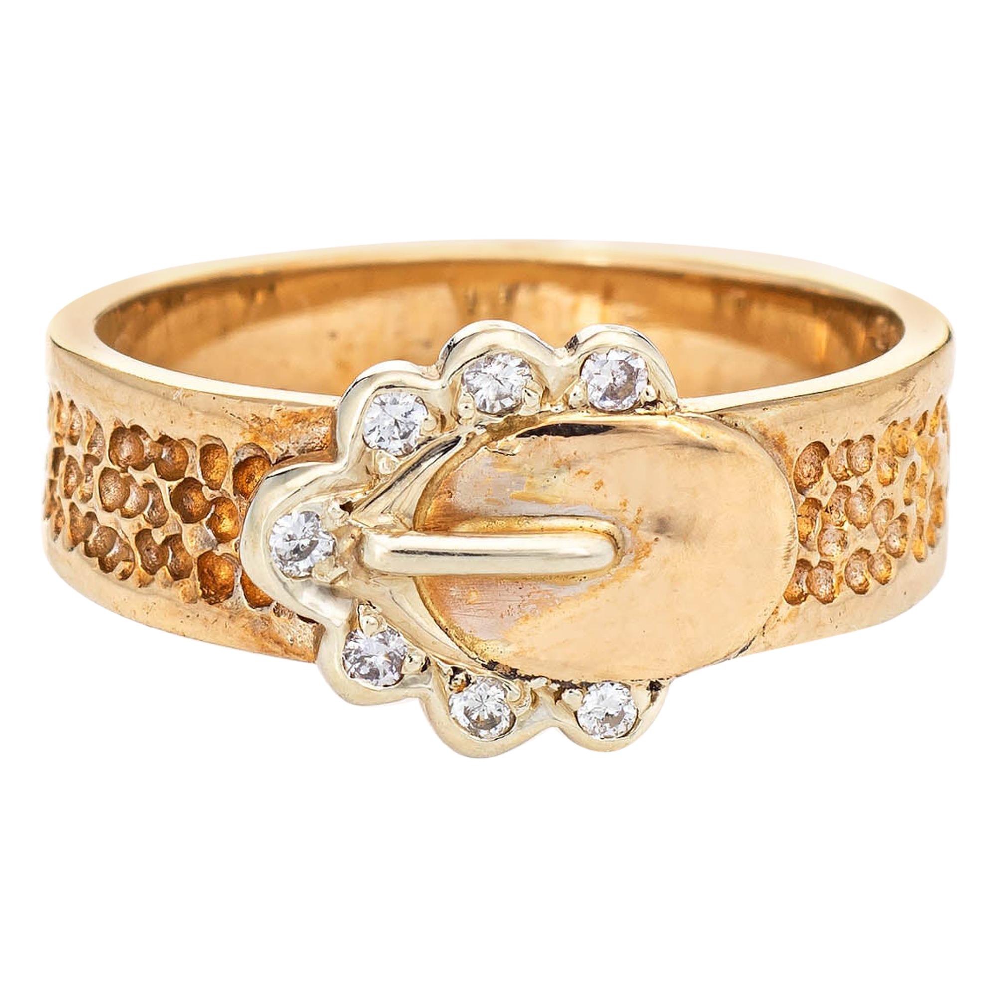 Diamond Buckle Ring Vintage 18k Yellow Gold Wide Band Estate Jewelry ...