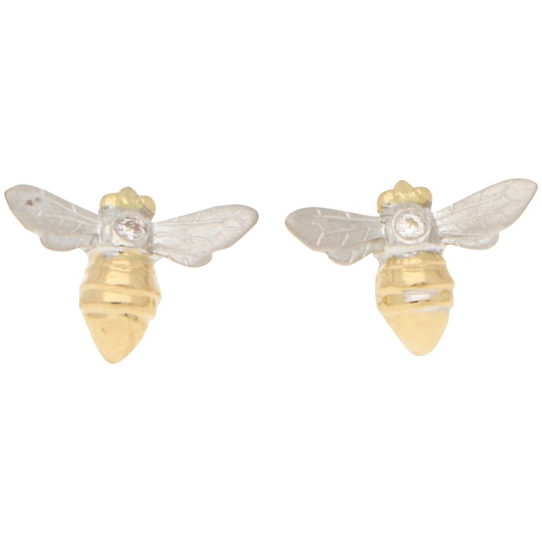 Diamond Bumble Bee Stud Earrings in 18 Karat Yellow and White Gold at 1stDibs | vanleles bee ...
