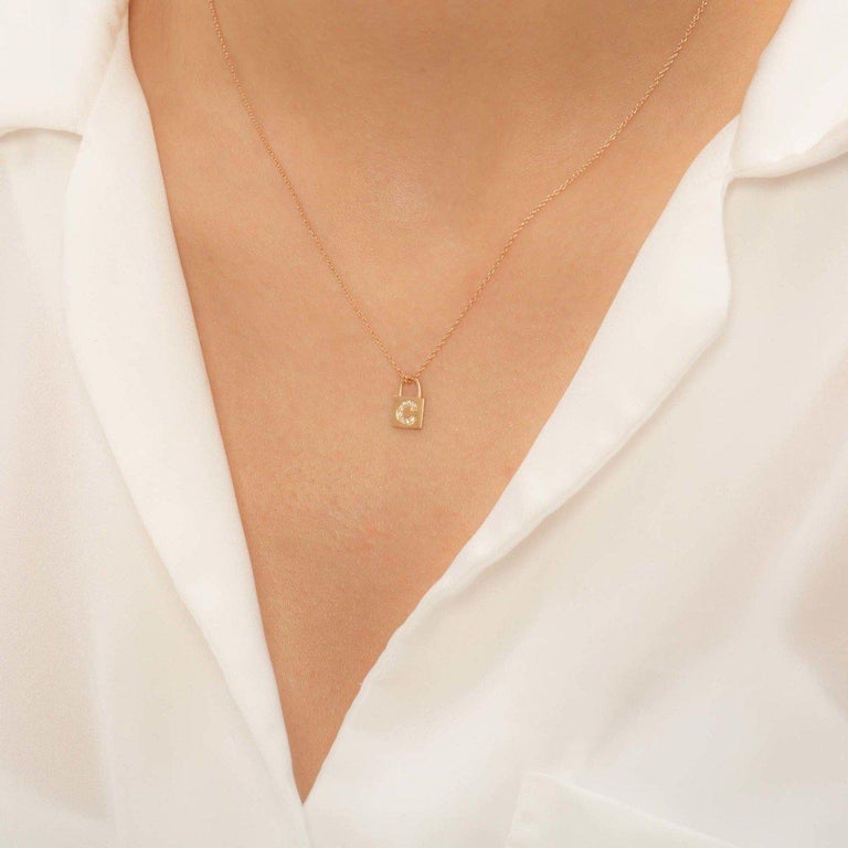 Diamond C Initial Mini Lock Charm Necklace 14K Rose Gold For Sale at ...