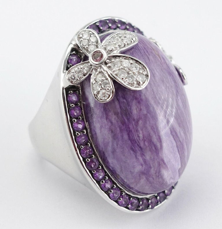 Diamond Charoite Amethyst Ring 14K Gold Flower Cocktail For Sale at 1stDibs