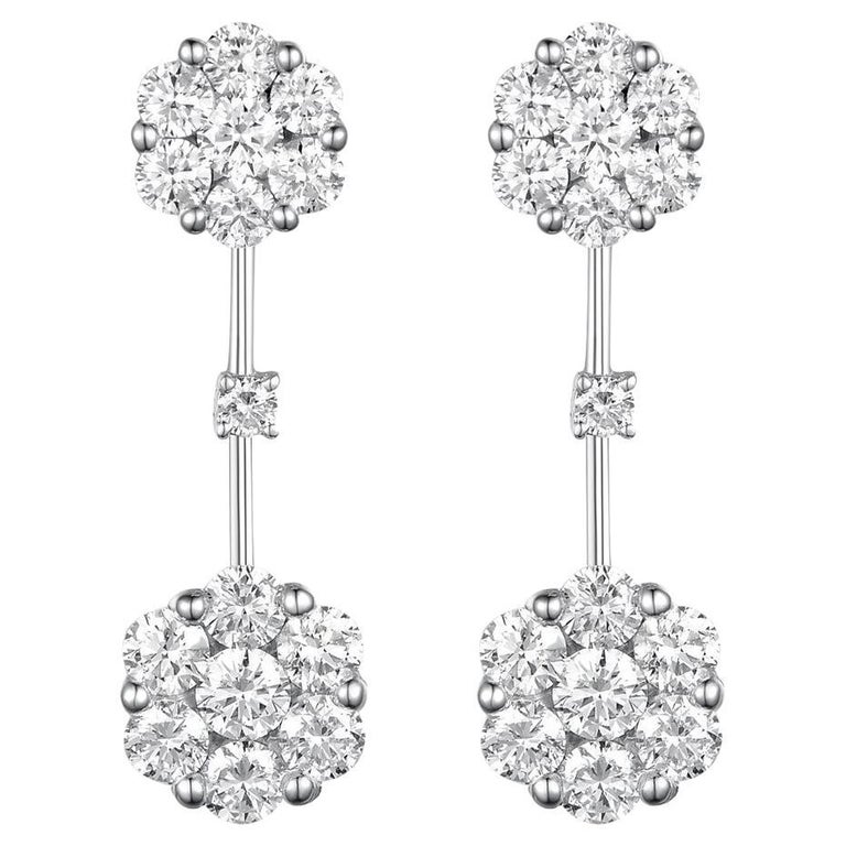 Diamond Cluster Drop Earrings in 18 Karat White Gold For Sale at 1stDibs