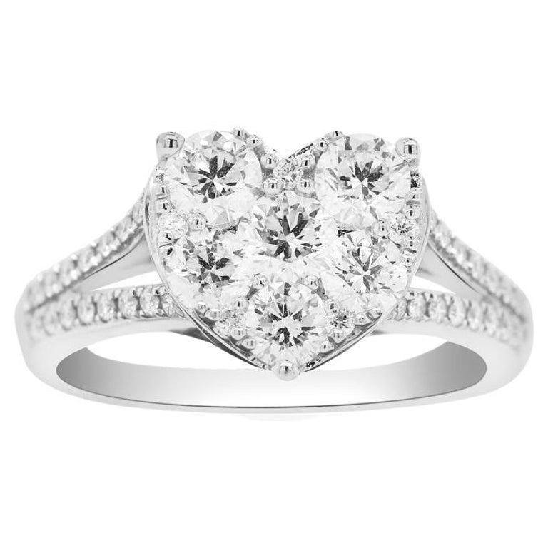 Diamond Cluster Heart Split Shank Cocktail Fashion Ring 14K White Gold ...