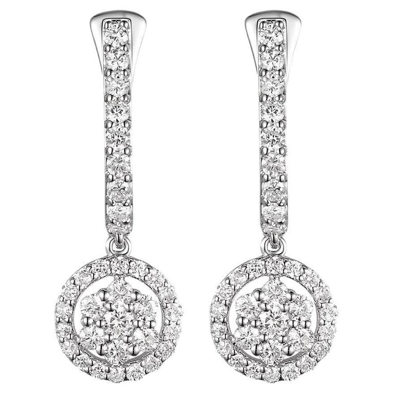 Diamond Cluster Lever-Back Earrings in 18 Karat White Gold For Sale at 1stDibs
