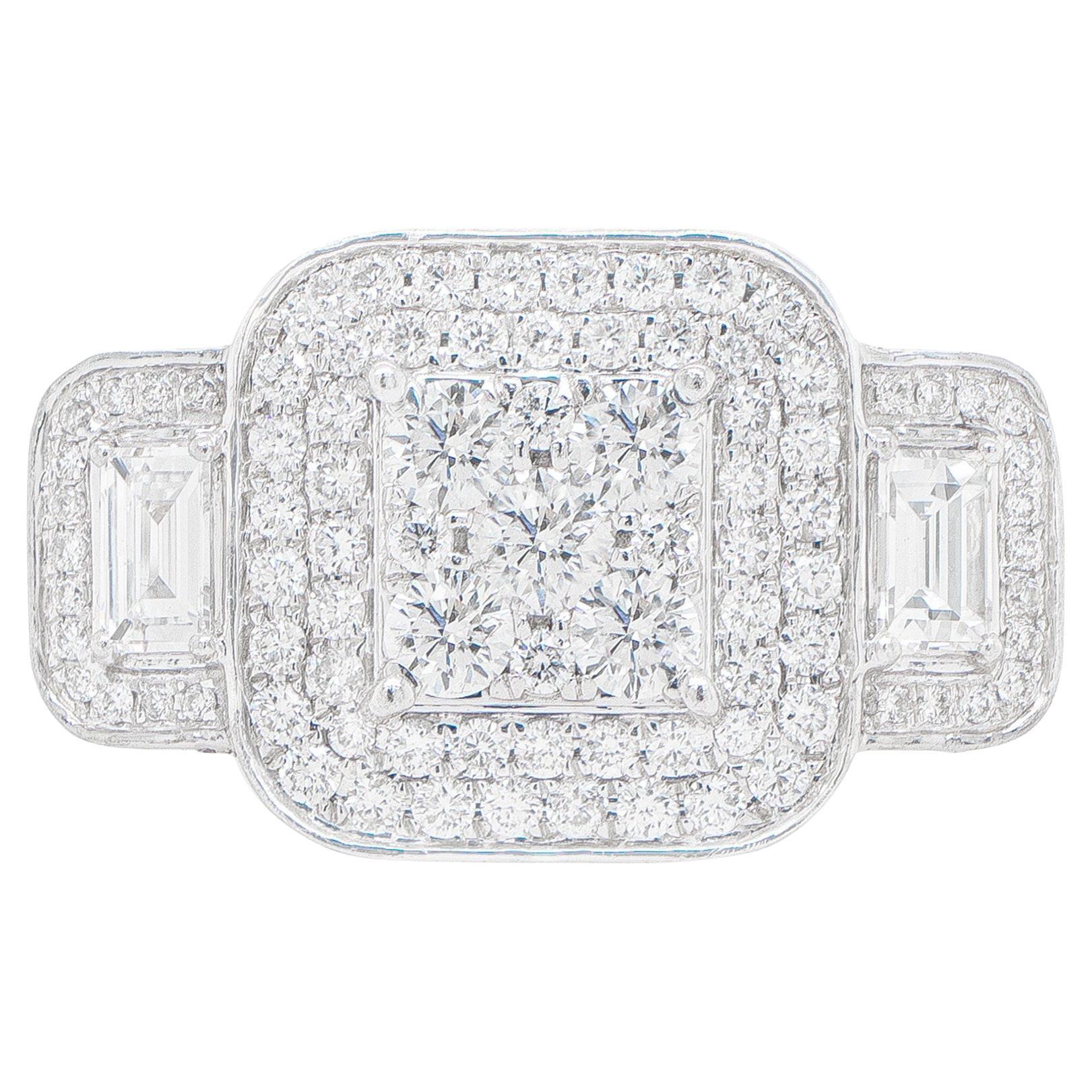 Diamond Cluster Ring with Two Side Baguette Diamonds 1.86 Carats Total ...