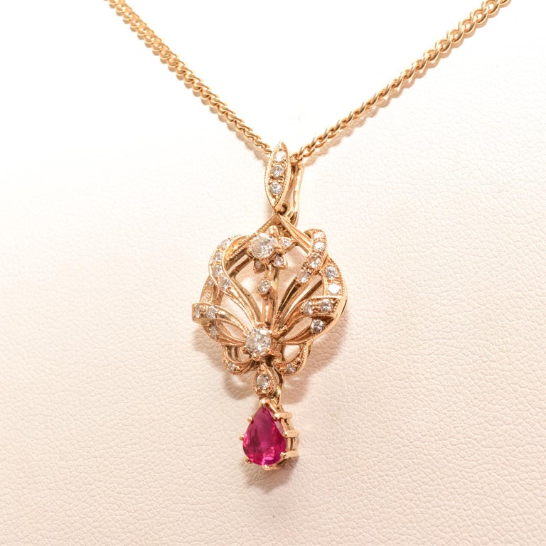 Diamond Cluster Ruby Lavaliere Pendant Necklace in 14k Yellow Gold For ...