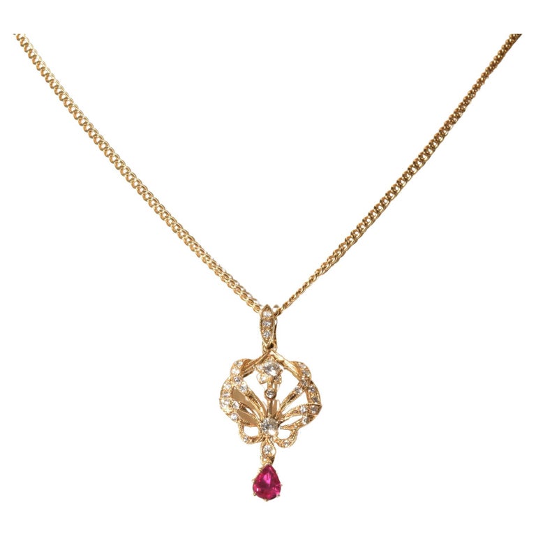 Diamond Cluster Ruby Lavaliere Pendant Necklace in 14k Yellow Gold For ...