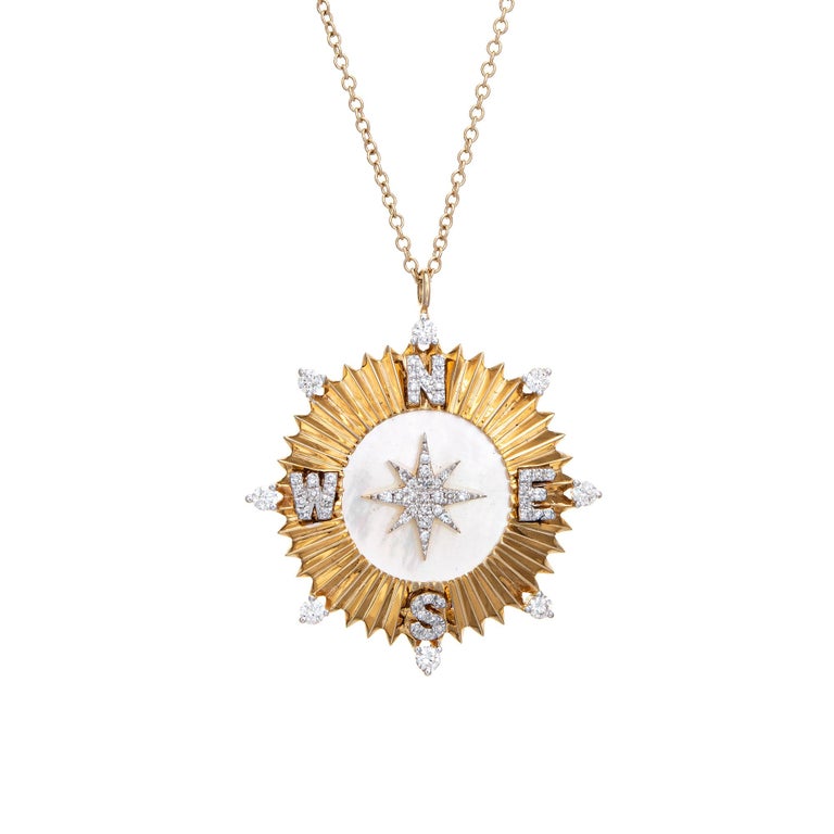 Diamond Compass Necklace Estate 14k Yellow Gold White Enamel Star ...