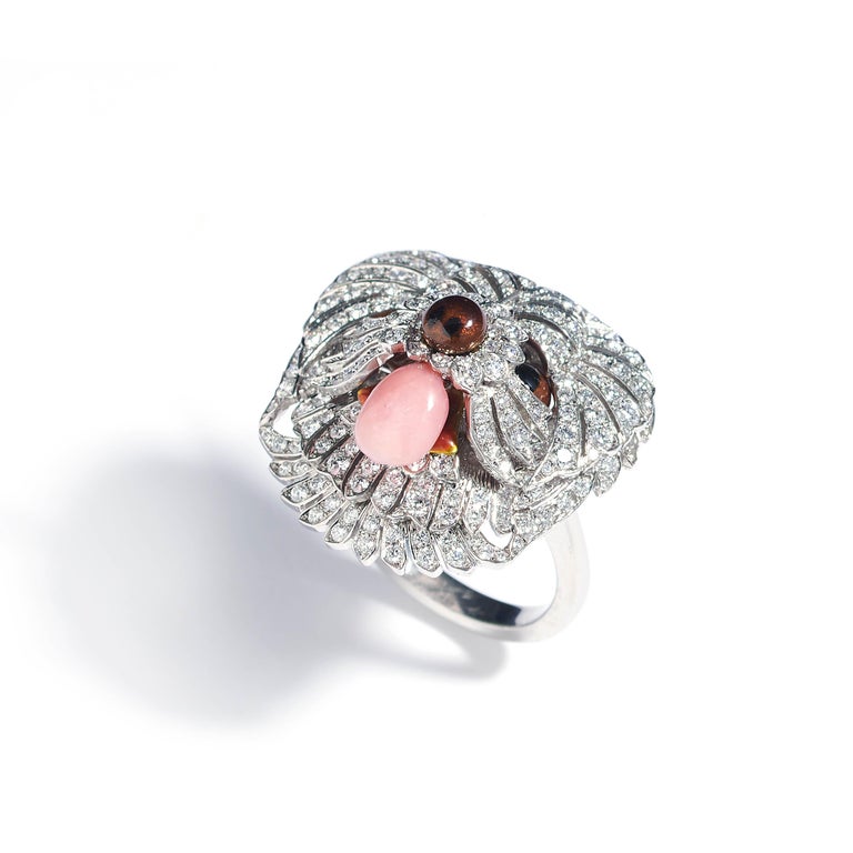 Diamond, Conch Pearl, Enamel and Platinum Dog Ring For Sale at 1stDibs