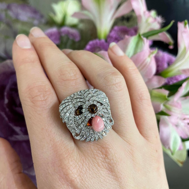 Diamond, Conch Pearl, Enamel and Platinum Dog Ring For Sale at 1stDibs